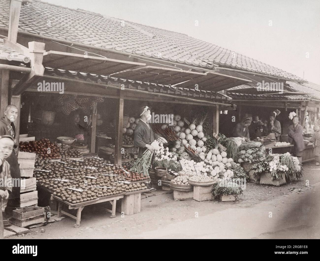 Late 19th century photograph: Fruit and vegetable stall, shop, Japan ...