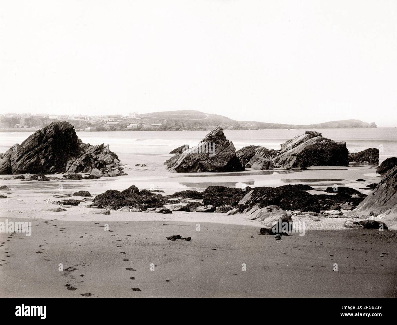 Vintage 19th century photograph: beach and shore at Newquay, Cornwall ...