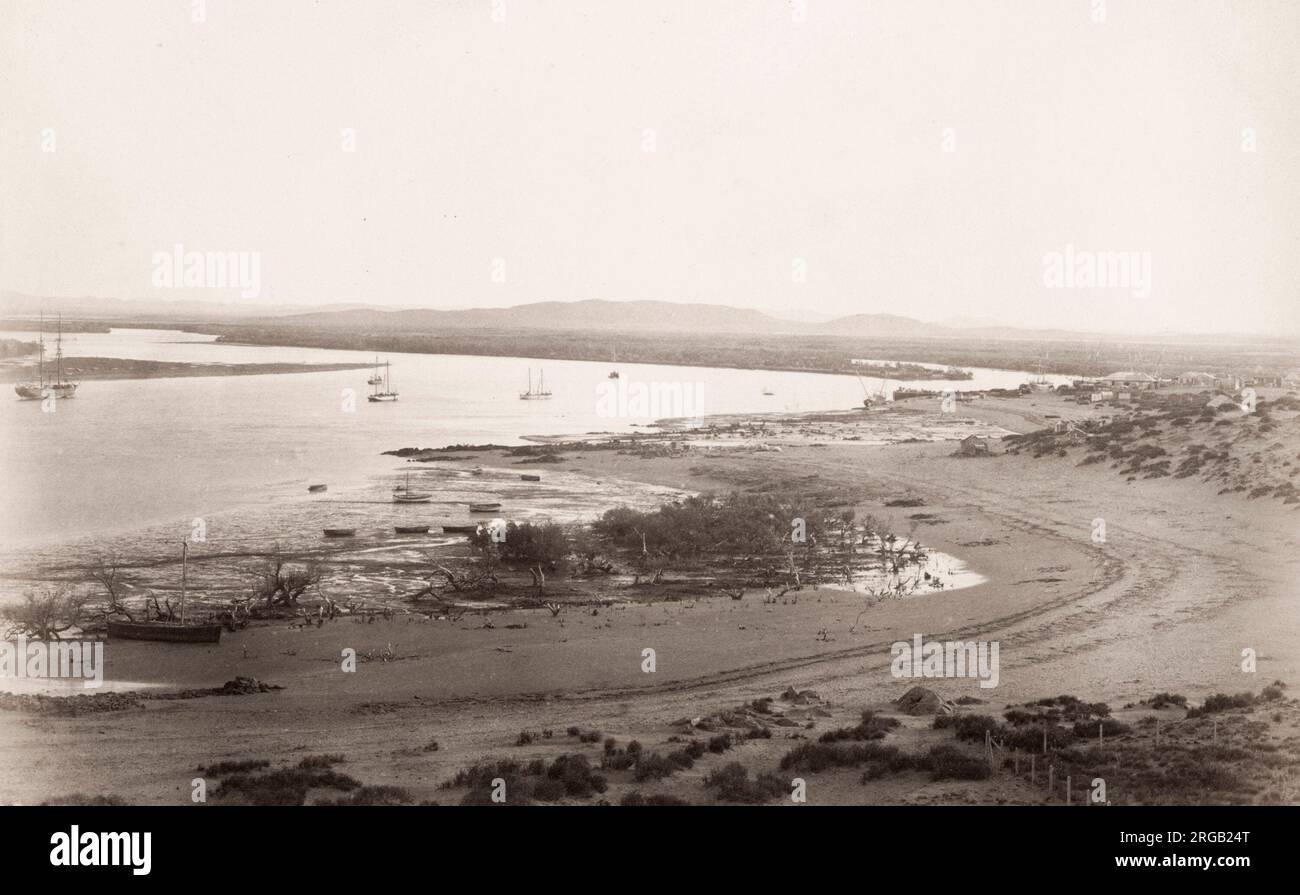 Vintage 19th century photograph: boats tied up on the water, Cossack ...