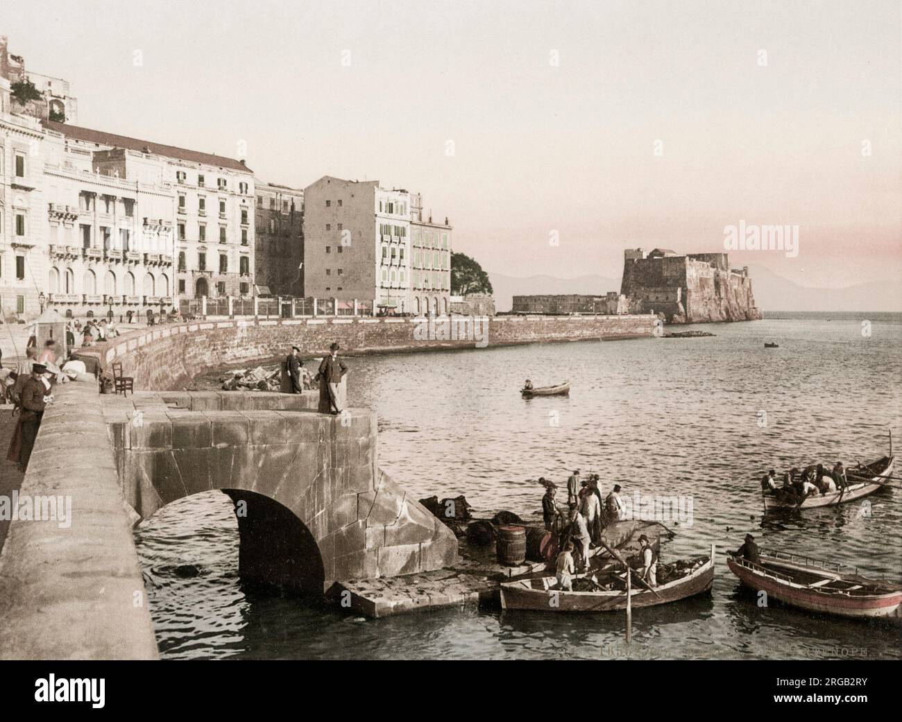 Vintage 19th century photograph: street and waterfront with boats ...