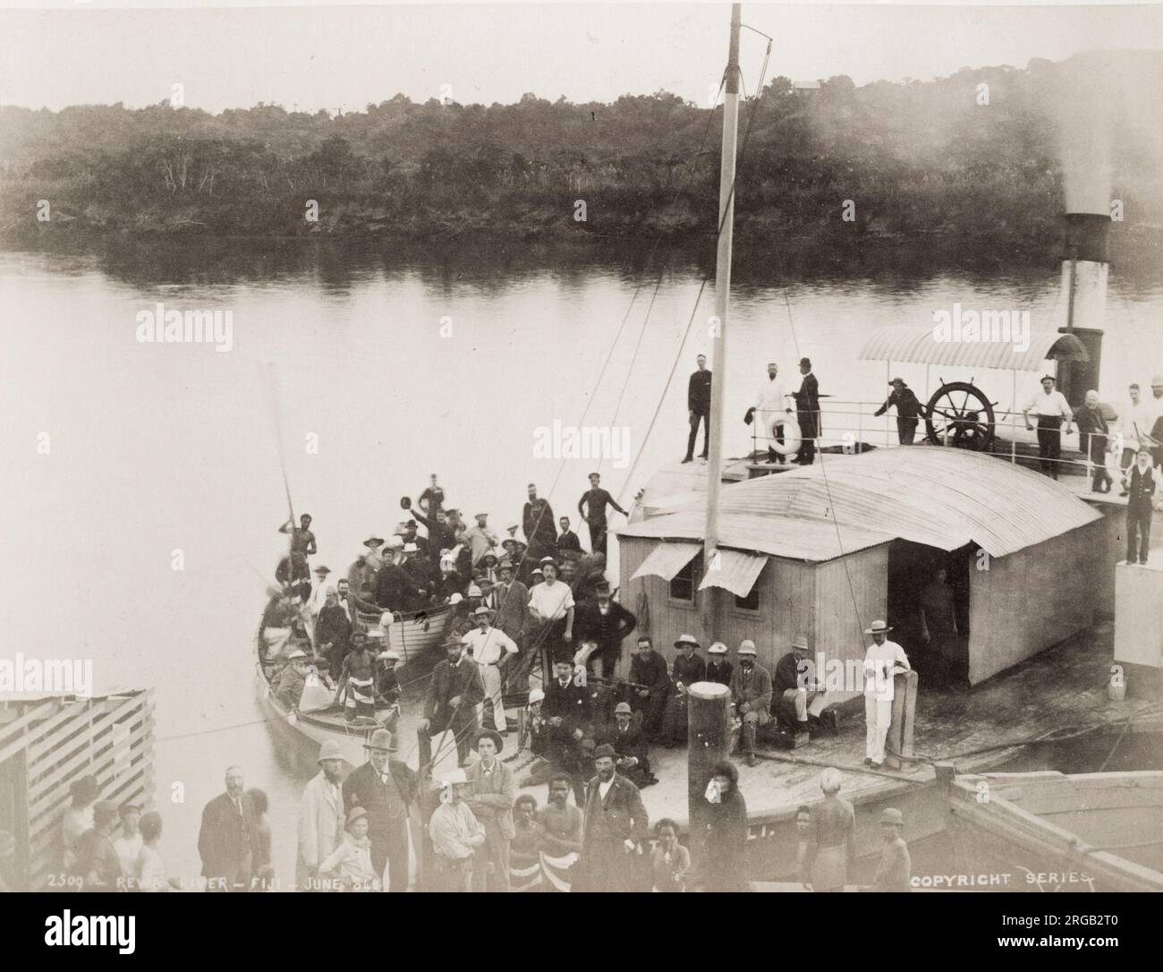 19th century vintage photograph: boat on the Rewa River, Fiji. The Rewa ...