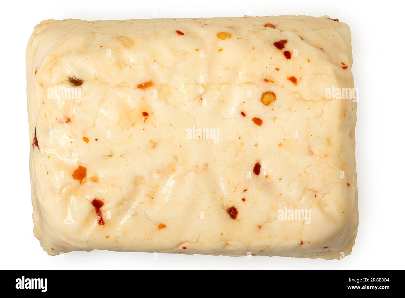 Block of halloumi cheese with red chilli isolated on white. Top view ...