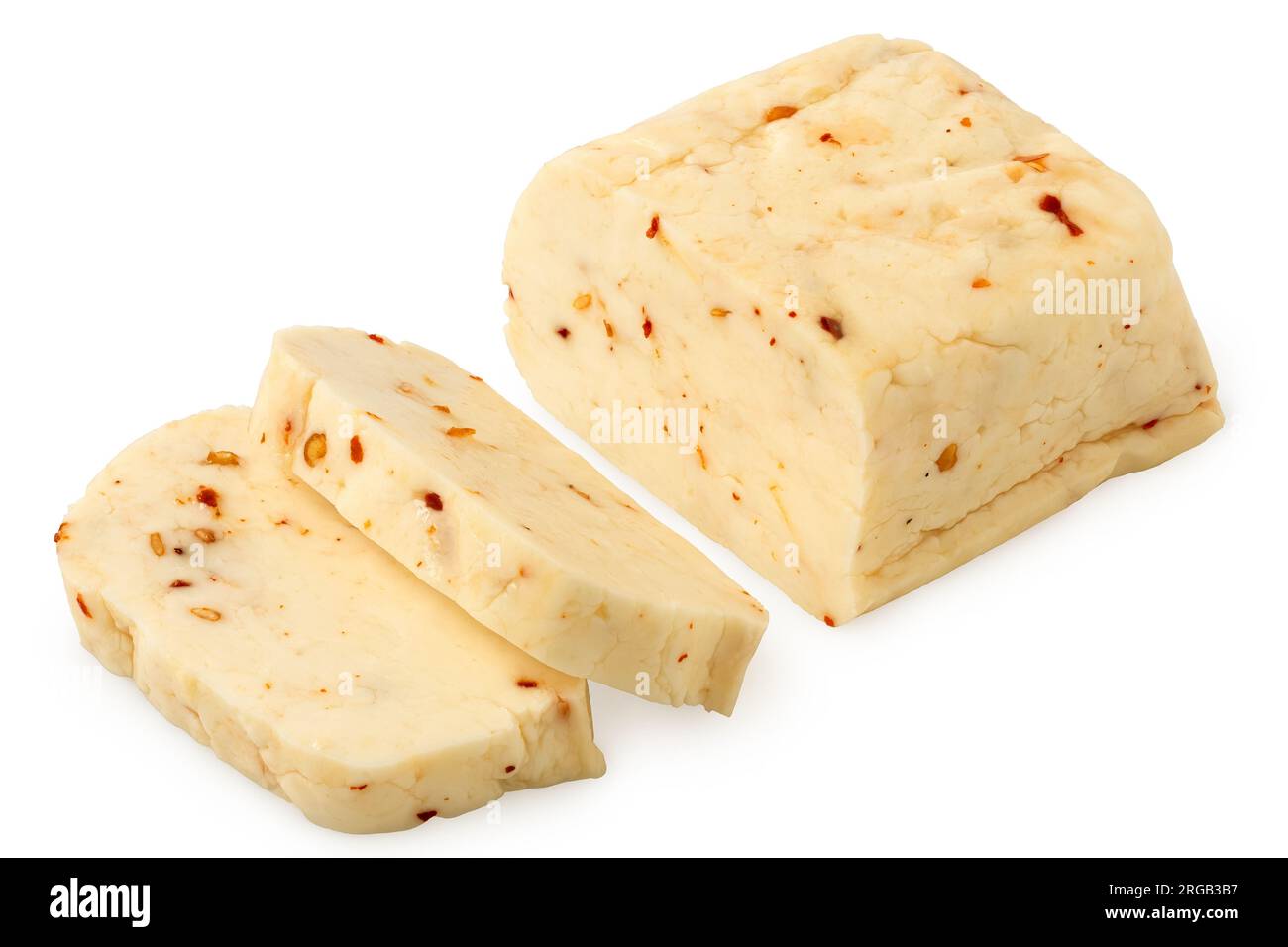 Sliced block of halloumi cheese with red chilli isolated on white Stock ...