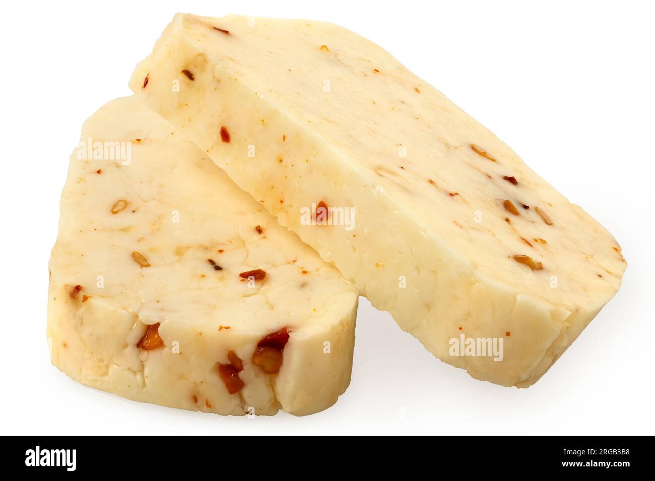 Two slices of halloumi cheese with red chilli isolated on white Stock ...
