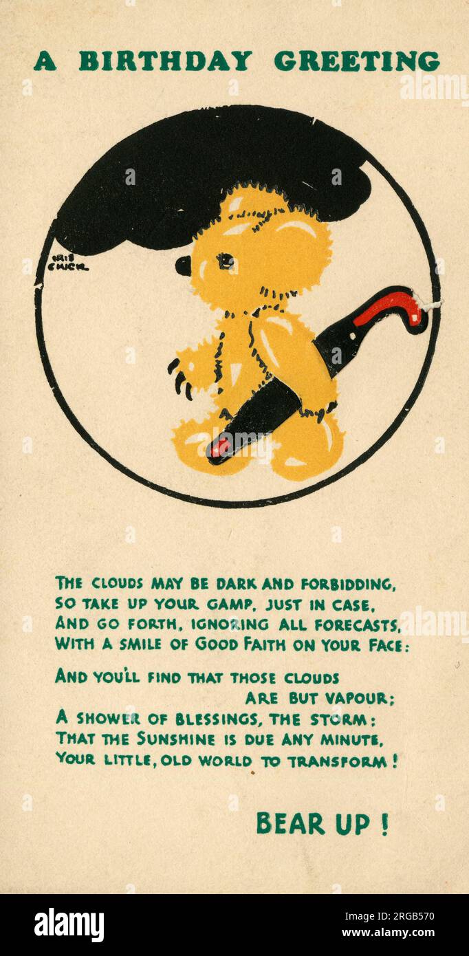 Birthday Greetings card - Teddy bear with an umbrella under a dark ...