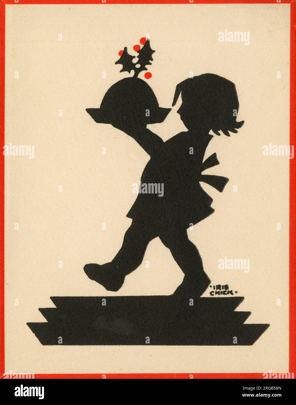 Christmas greetings card - Little girl brings in the Christmas pudding ...