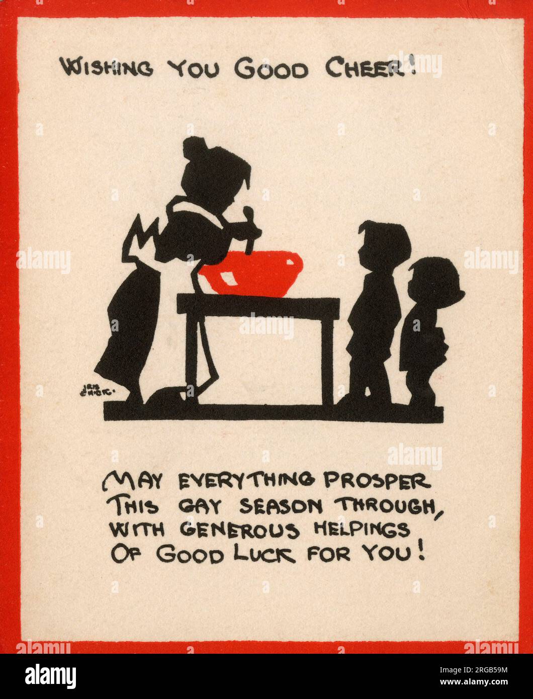 Design for a Christmas Good Luck greetings card. Mother stirring the ...