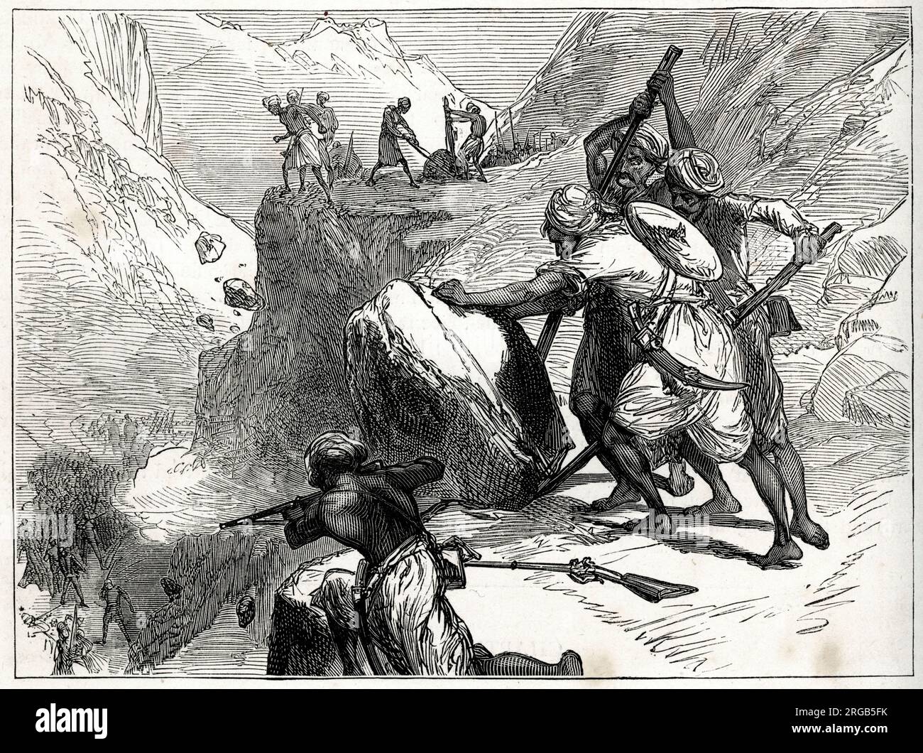 Skirmish in a mountain pass, Lushai Expedition (1871-1872), India (a ...