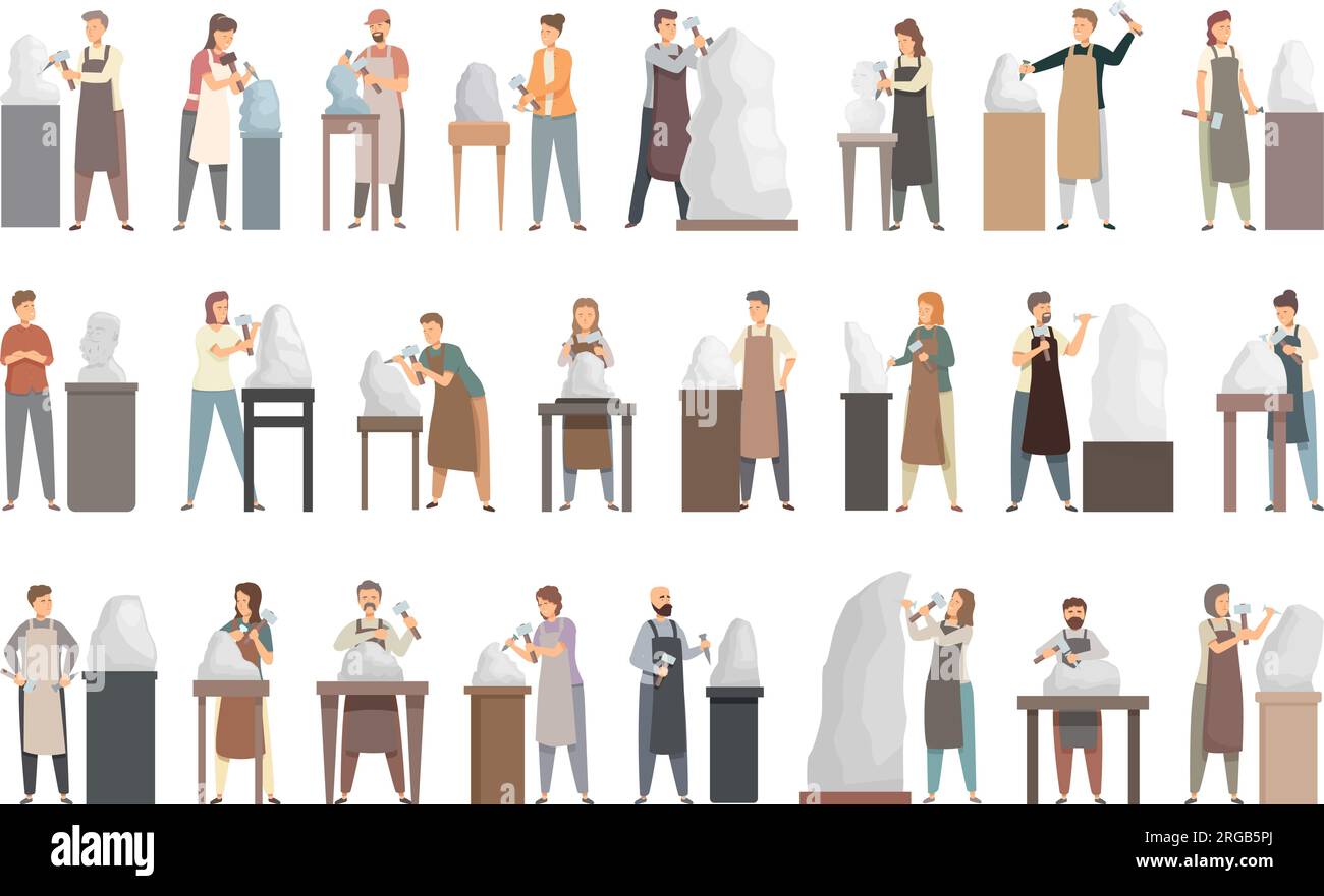 Sculpting icons set cartoon vector. Male creative. Work stone Stock ...