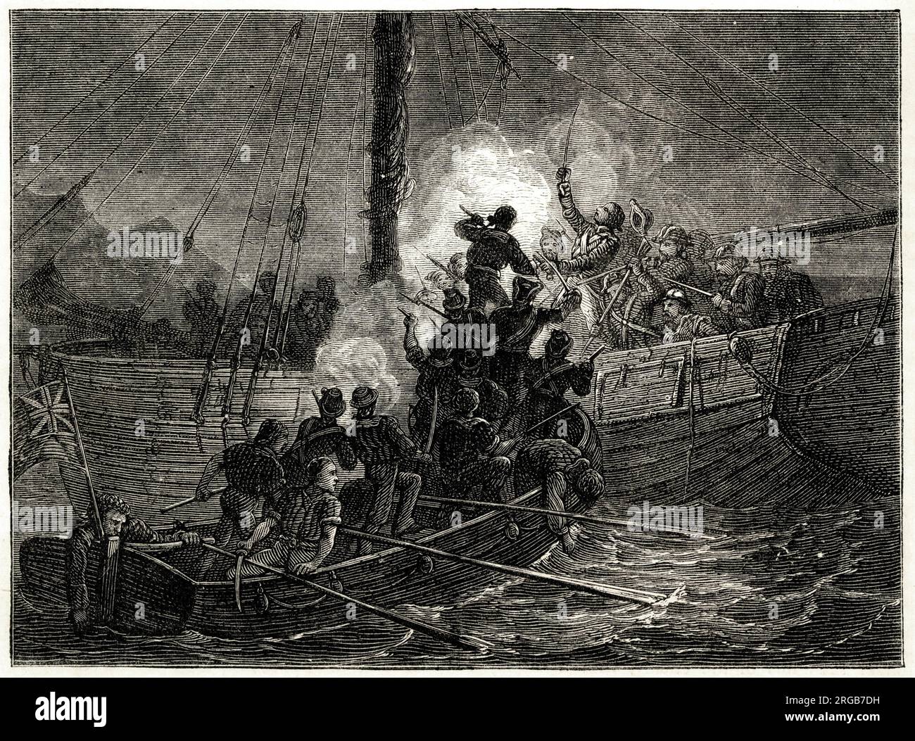 Lieutenant Edward Nicolls boarding a French privateer cutter, the ...