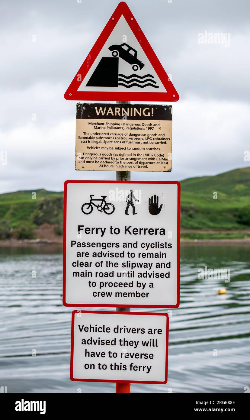 Signs at the ferry to the island of Kerrera near Oban in Scotland, UK ...
