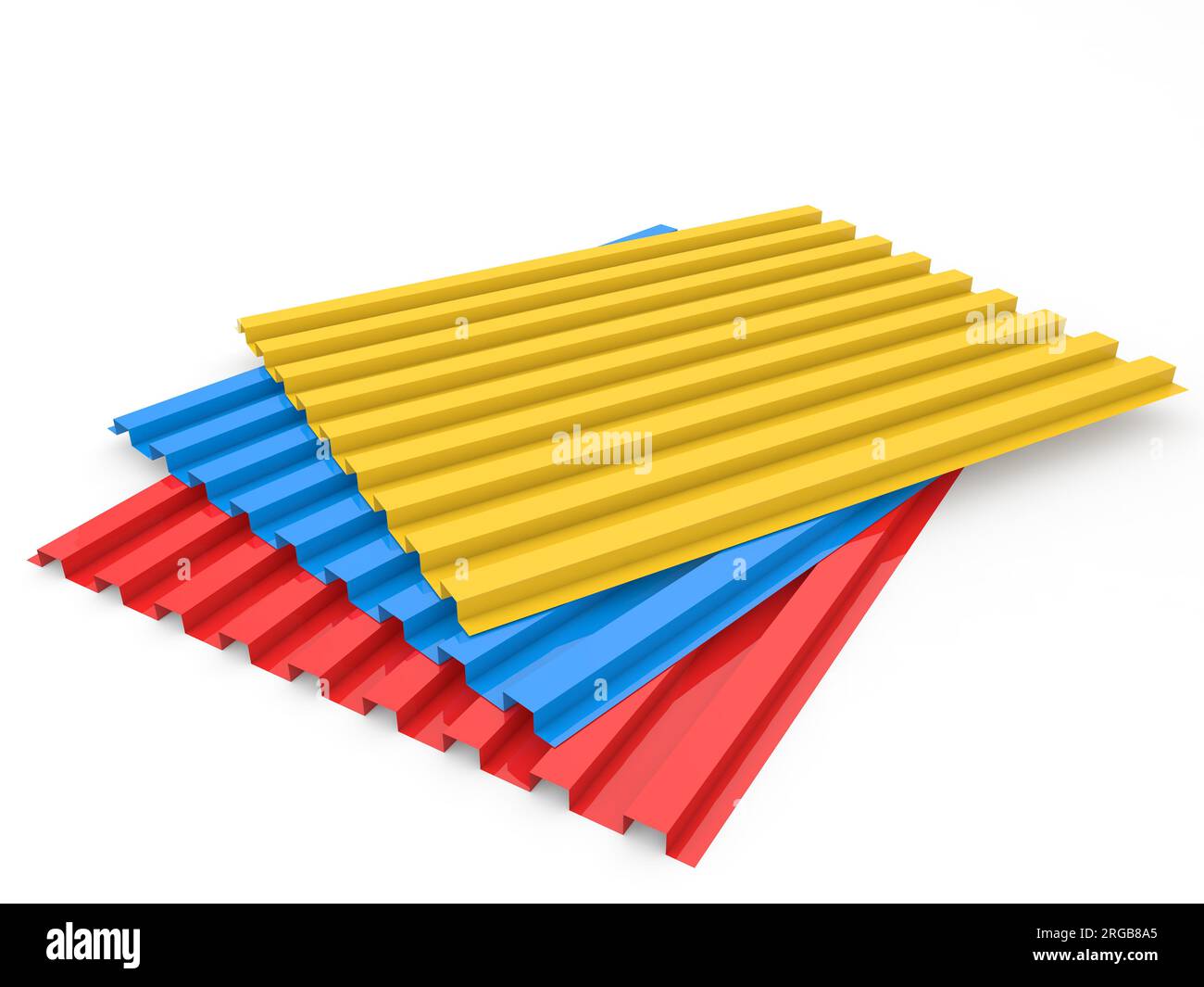 Sheets of metal roofing profile on a white background. 3d render ...