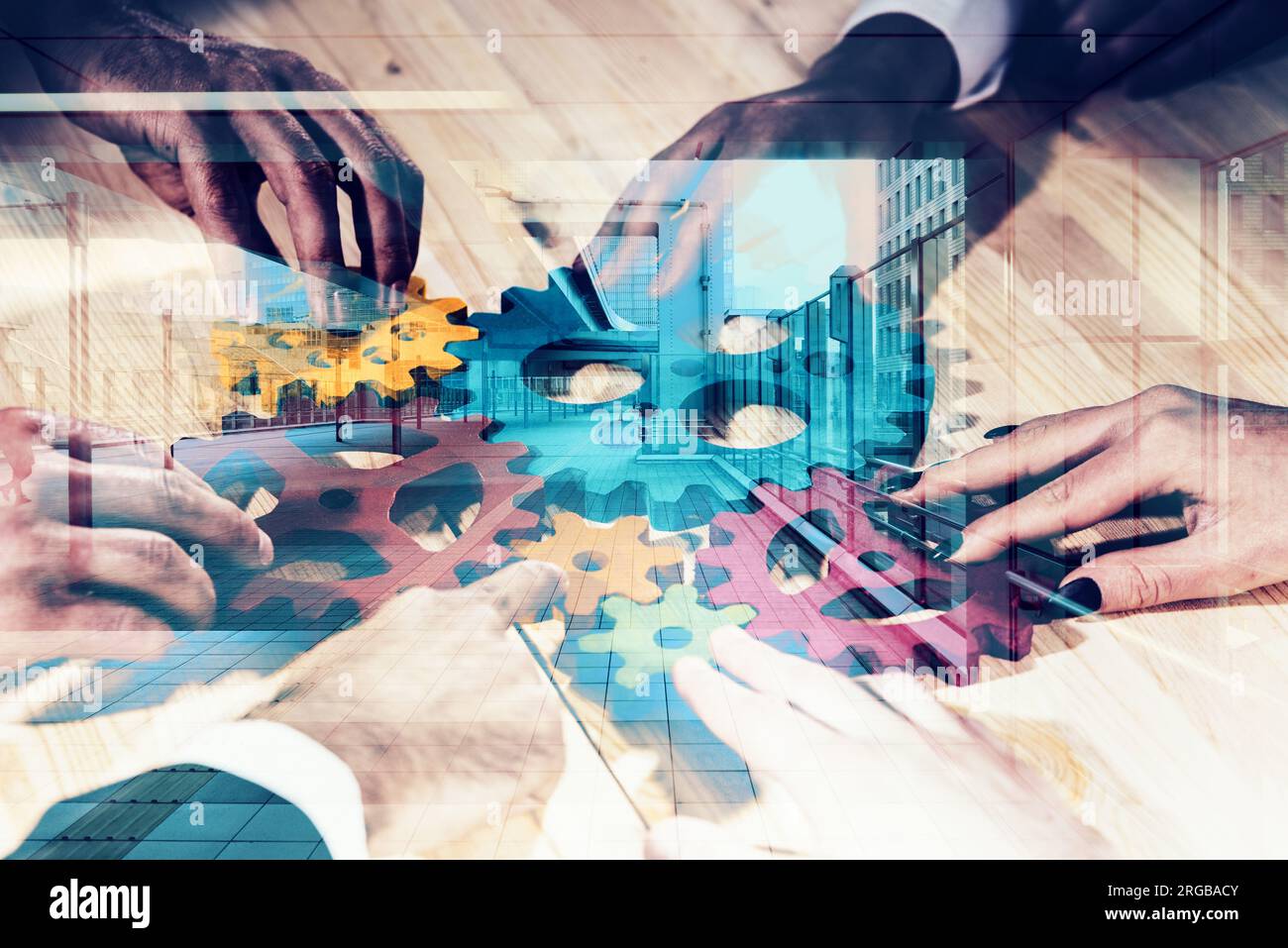 Business team connect pieces of gears. Teamwork, partnership and ...