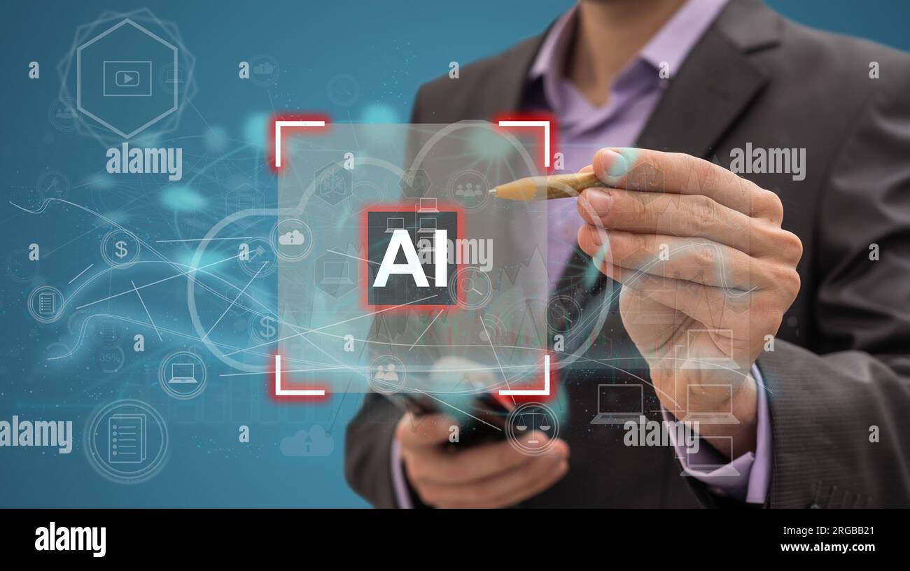 Businessman holding the holographic AI. Artificial intelligence with ...