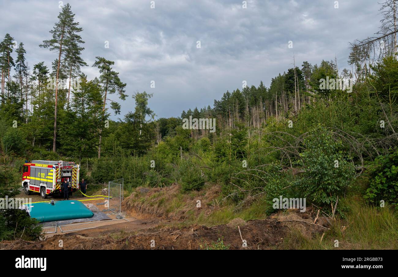 Bad Schandau, Germany. 08th Aug, 2023. Firefighters fill the first ...