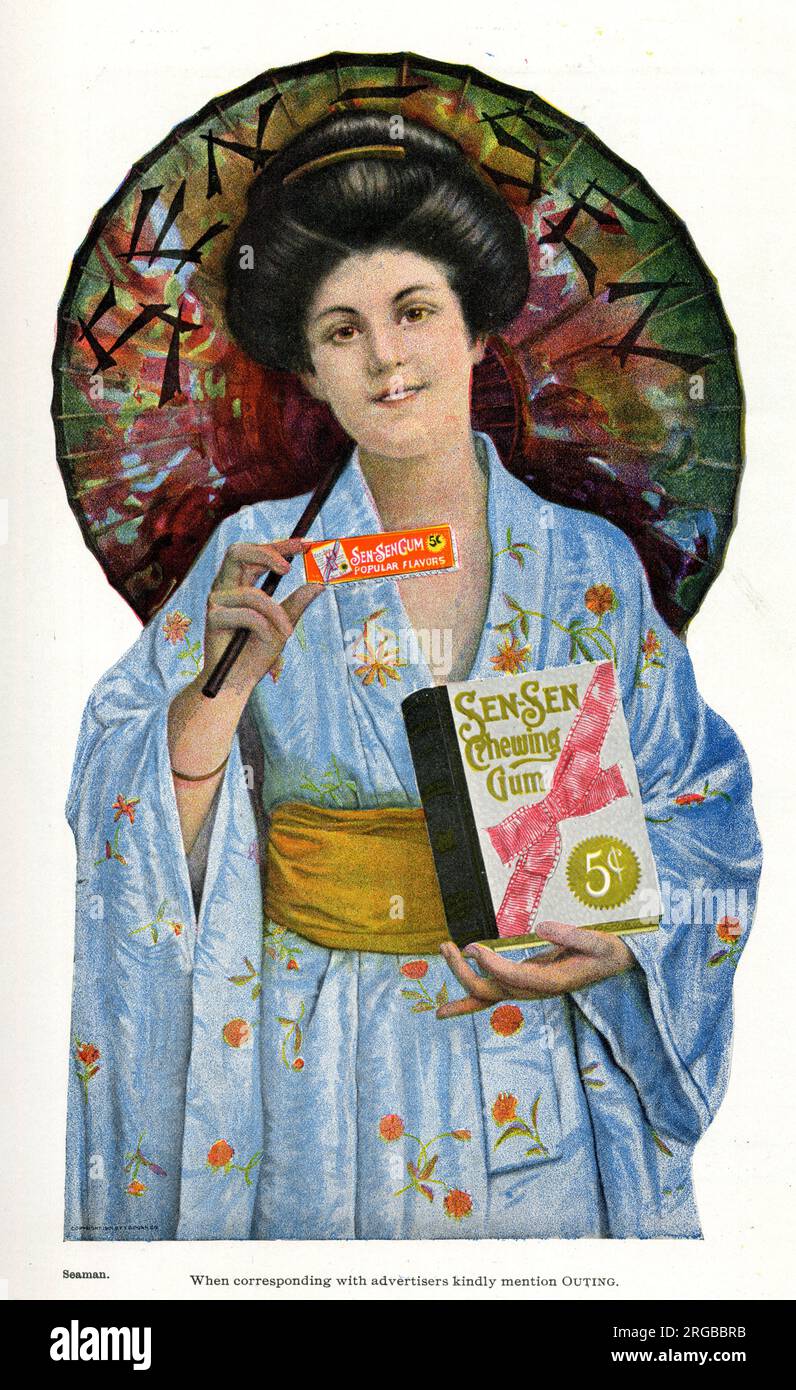 Advert for Sen-Sen Chewing Gum, showing a Japanese woman in a blue ...