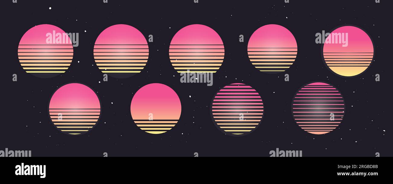 80s Retro Sunset collection. Set of vintage graphics with sun dipped in ...