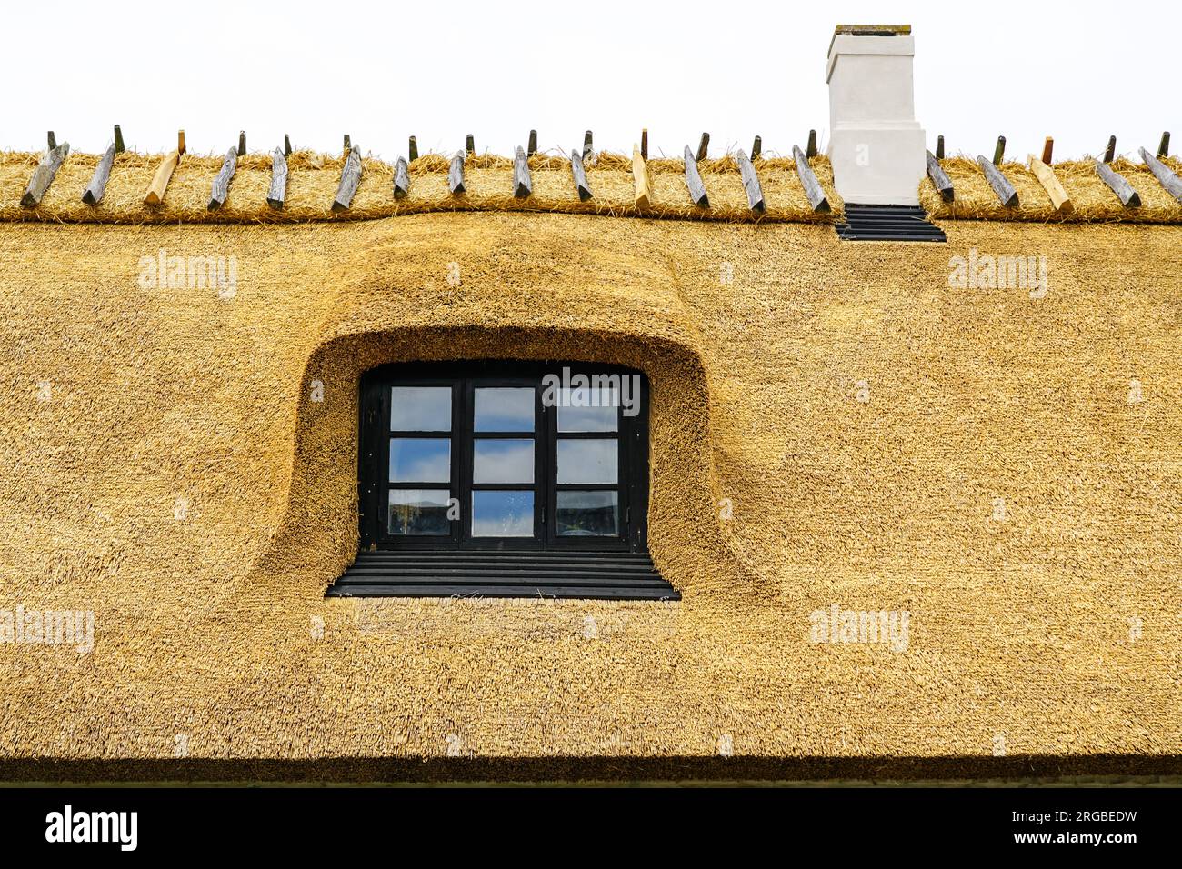 New thatch roof over house with dormer window in Denmark, Europe ...