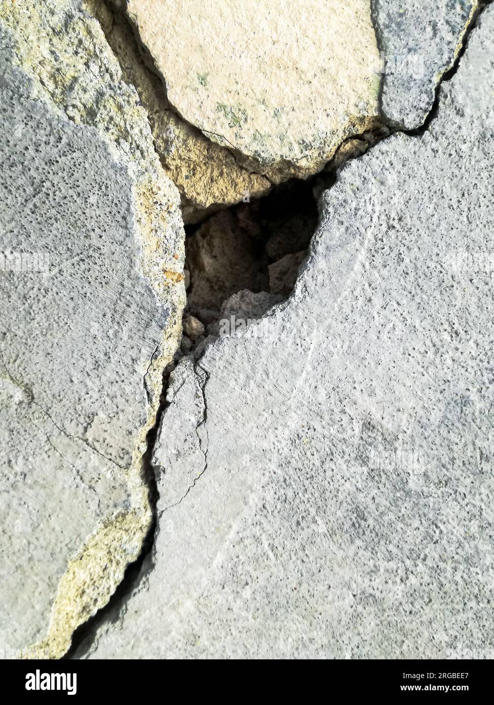The surface of the wall of an old building with big cracks and ...