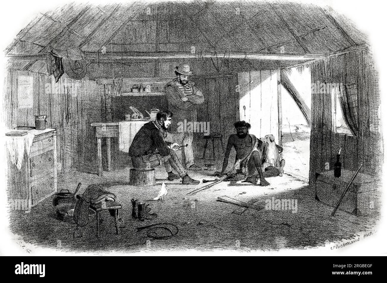 Stockman's hut in Australia with two white men and an aboriginal man ...
