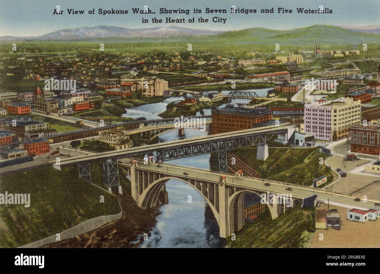 Aerial view of Spokane, Washington State, USA, showing seven bridges ...