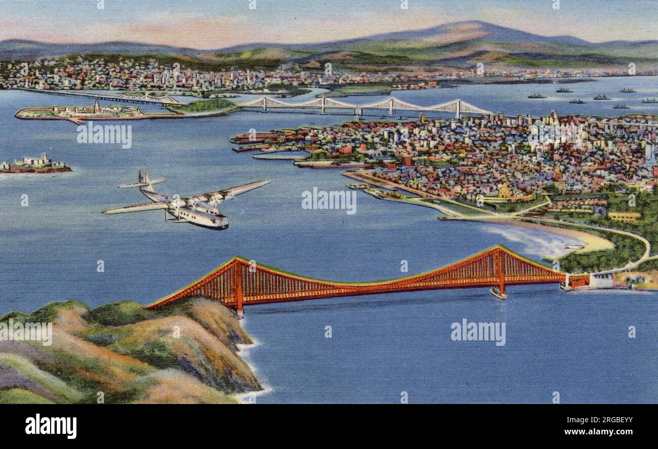 Golden Gate Bridge and Oakland Bay Bridge, business district of San ...