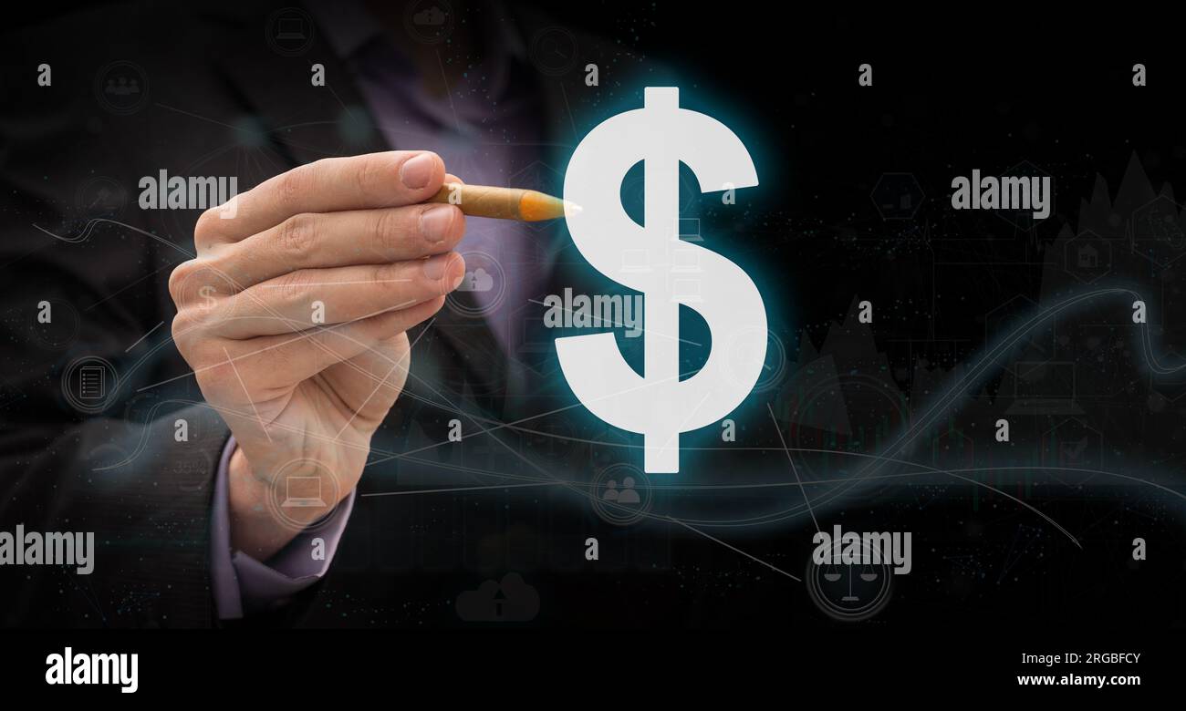 Hand pushing dollar currency icon on dark blue currency background ...