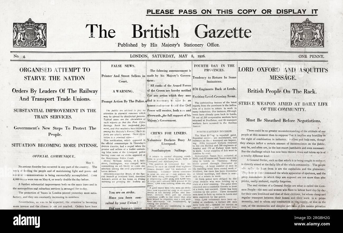 Upper part of front cover, The Briitish Gazette, covering the General Strike, 8 May 1926 Stock ...