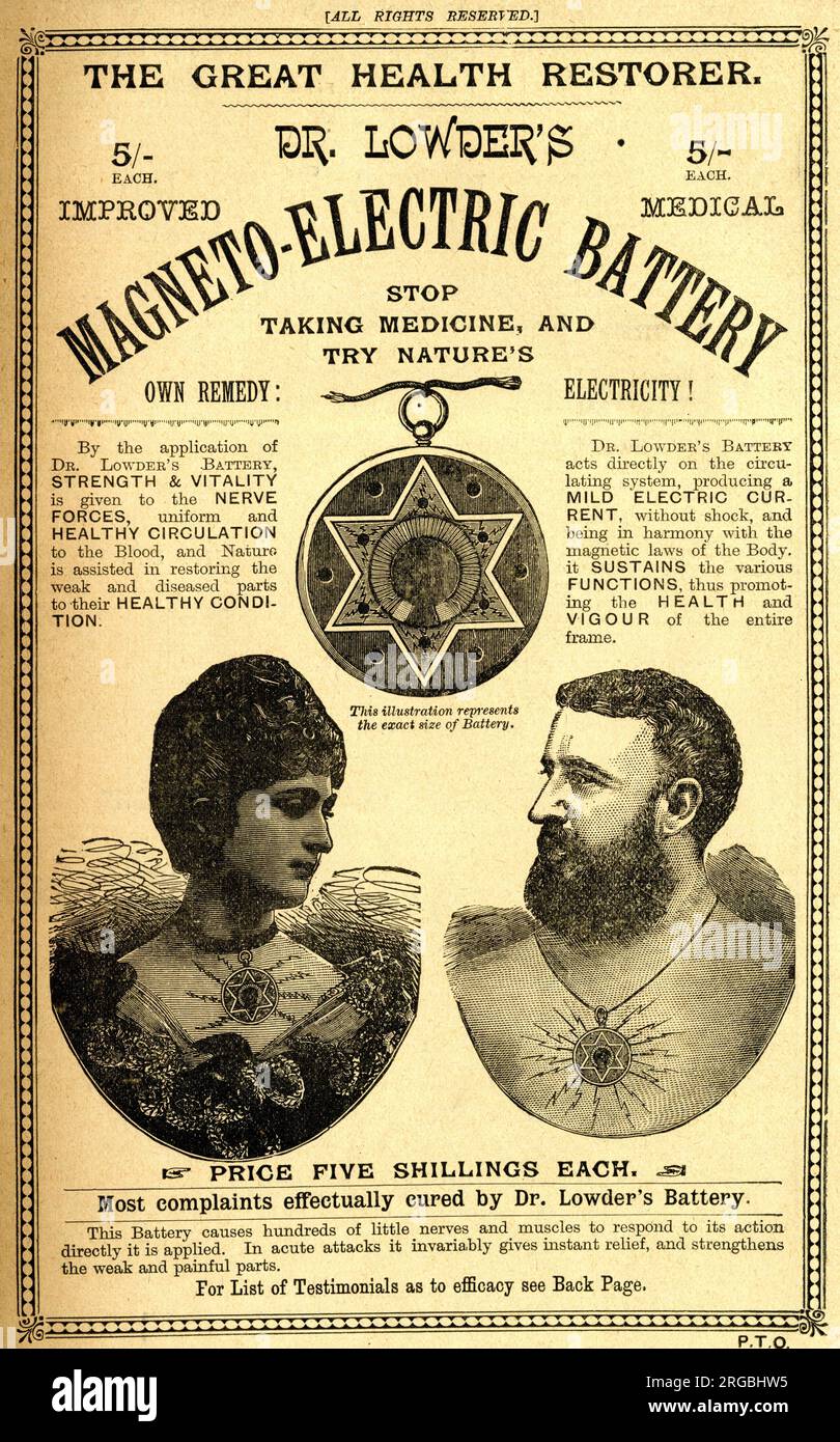 Advert, bizarre medical device, Dr Lowder's Magneto-Electric Battery Stock Photo - Alamy