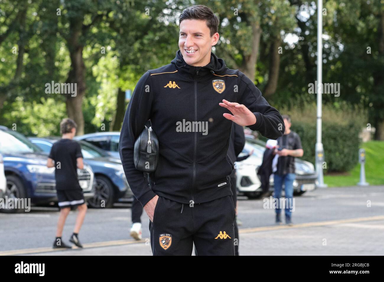 Alfie Jones #5 of Hull City arrives at The MKM Stadium ahead of the ...