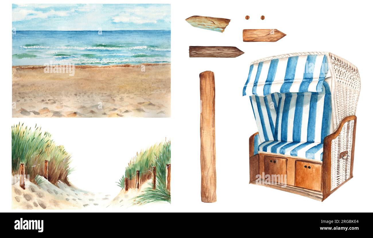 Watercolor Baltic sea set. Baltic sea beach with sand dunes, ostsee ...