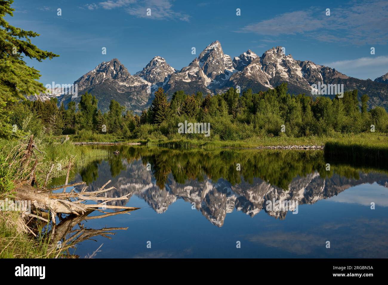 Grand Teton Range with reflection in river at Schwabacher Landing, Grand Teton National Park ...