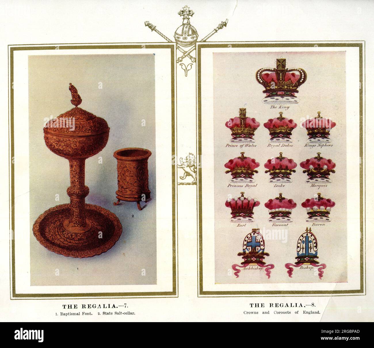 Royal Regalia 7 and 8 - baptismal font, salt cellar, crowns, coronets ...