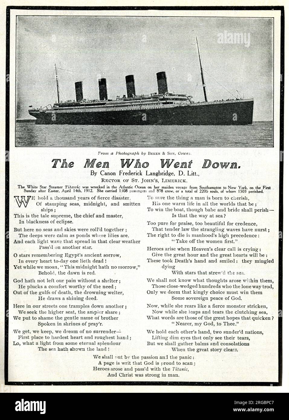 Titanic, The Men Who Went Down - poem by Canon Frederick Langbridge ...