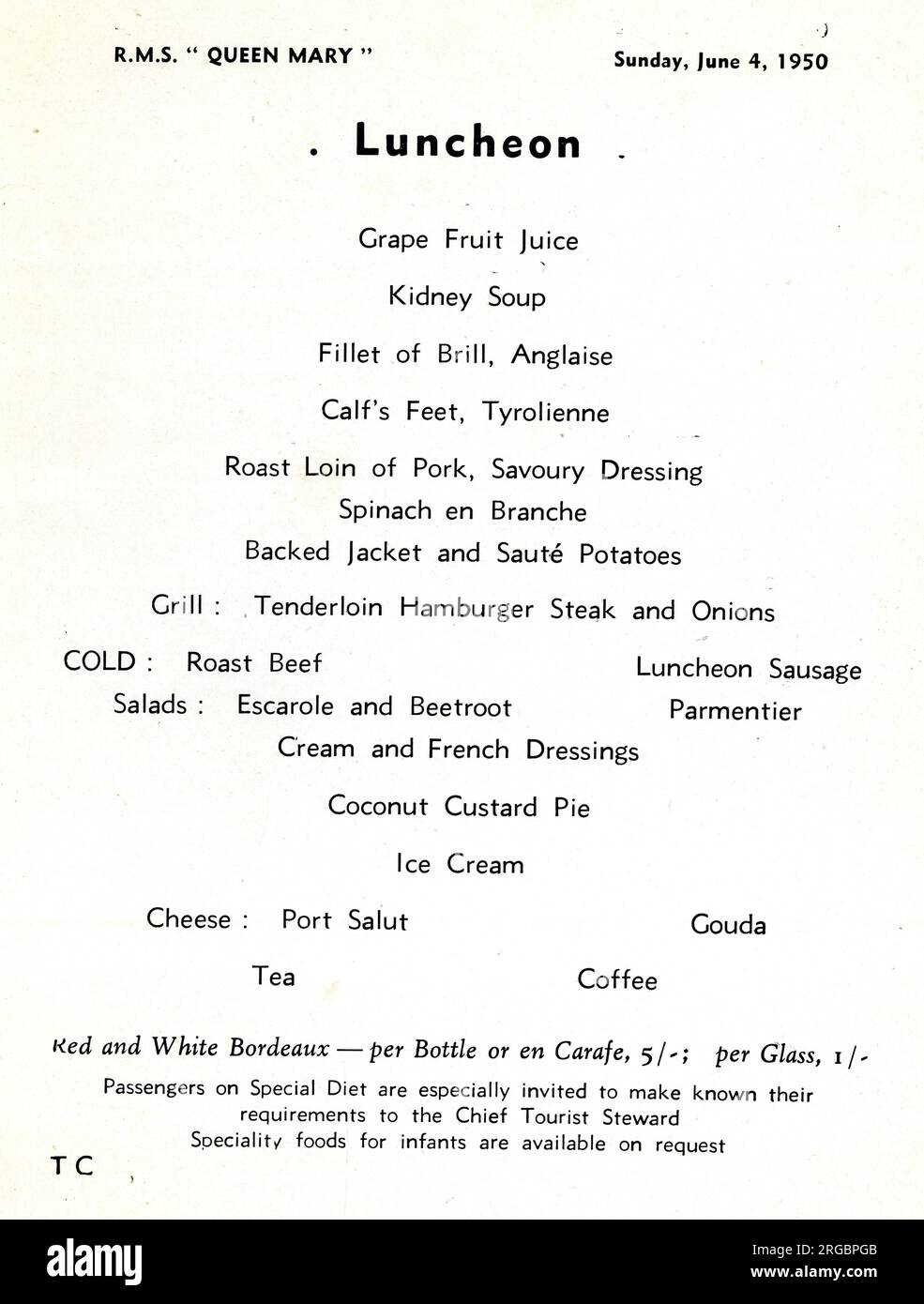 Cunard White Star, RMS Queen Mary, Luncheon Menu, 4 June 1950 Stock ...