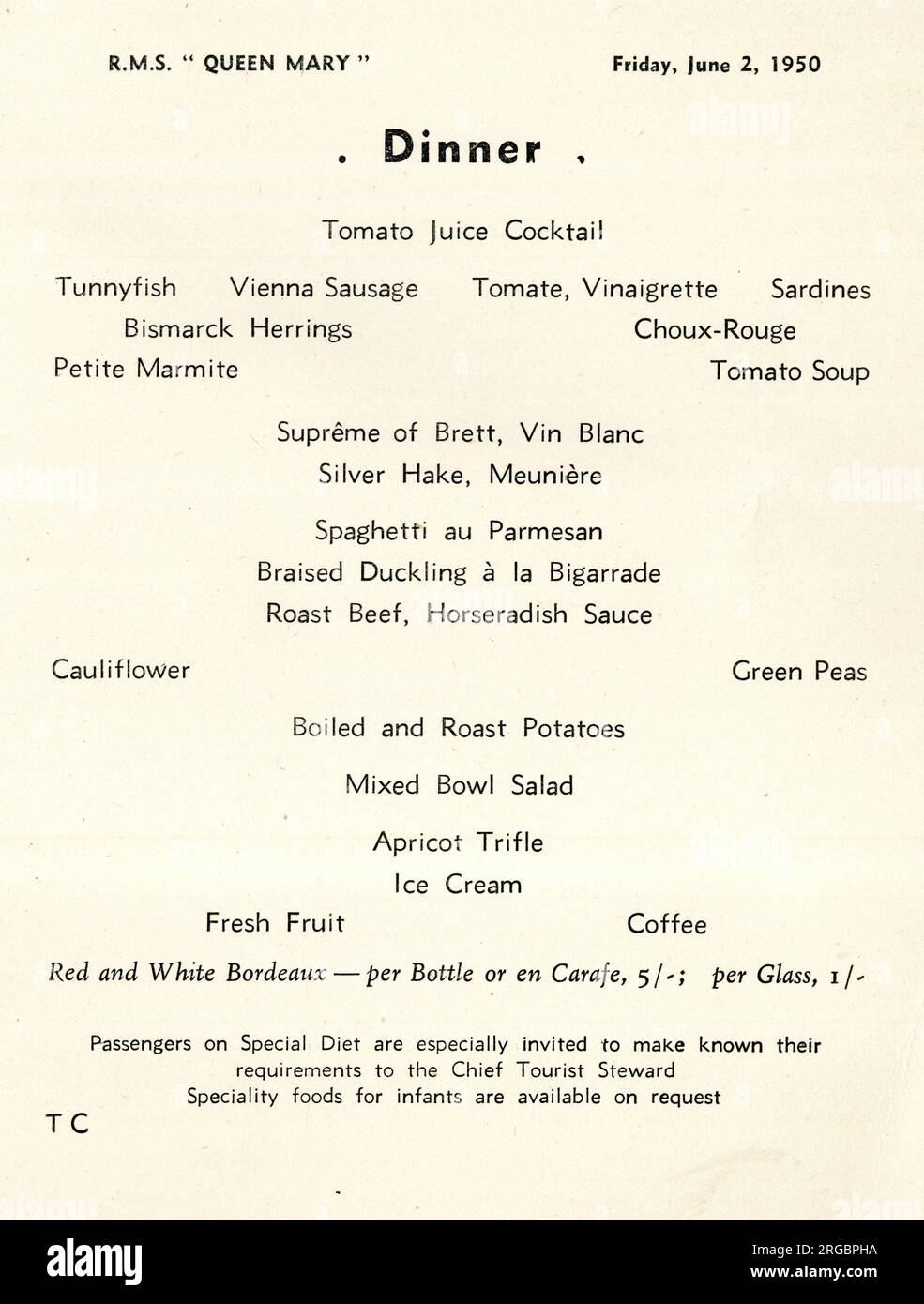 Cunard White Star, RMS Queen Mary, Dinner Menu, 2 June 1950 Stock Photo ...