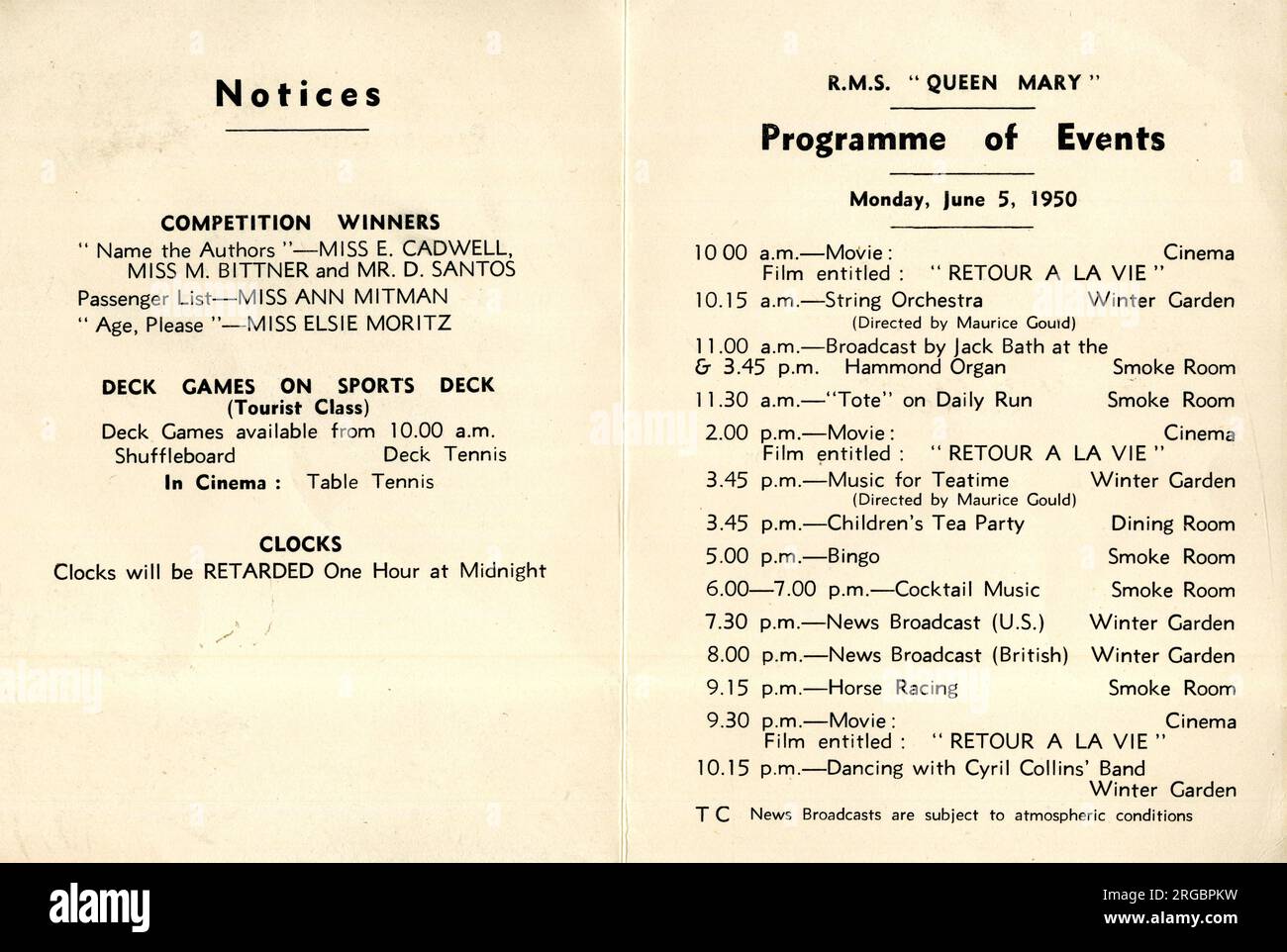 Cunard White Star, RMS Queen Mary, Programme of Events, 5 June 1950 ...