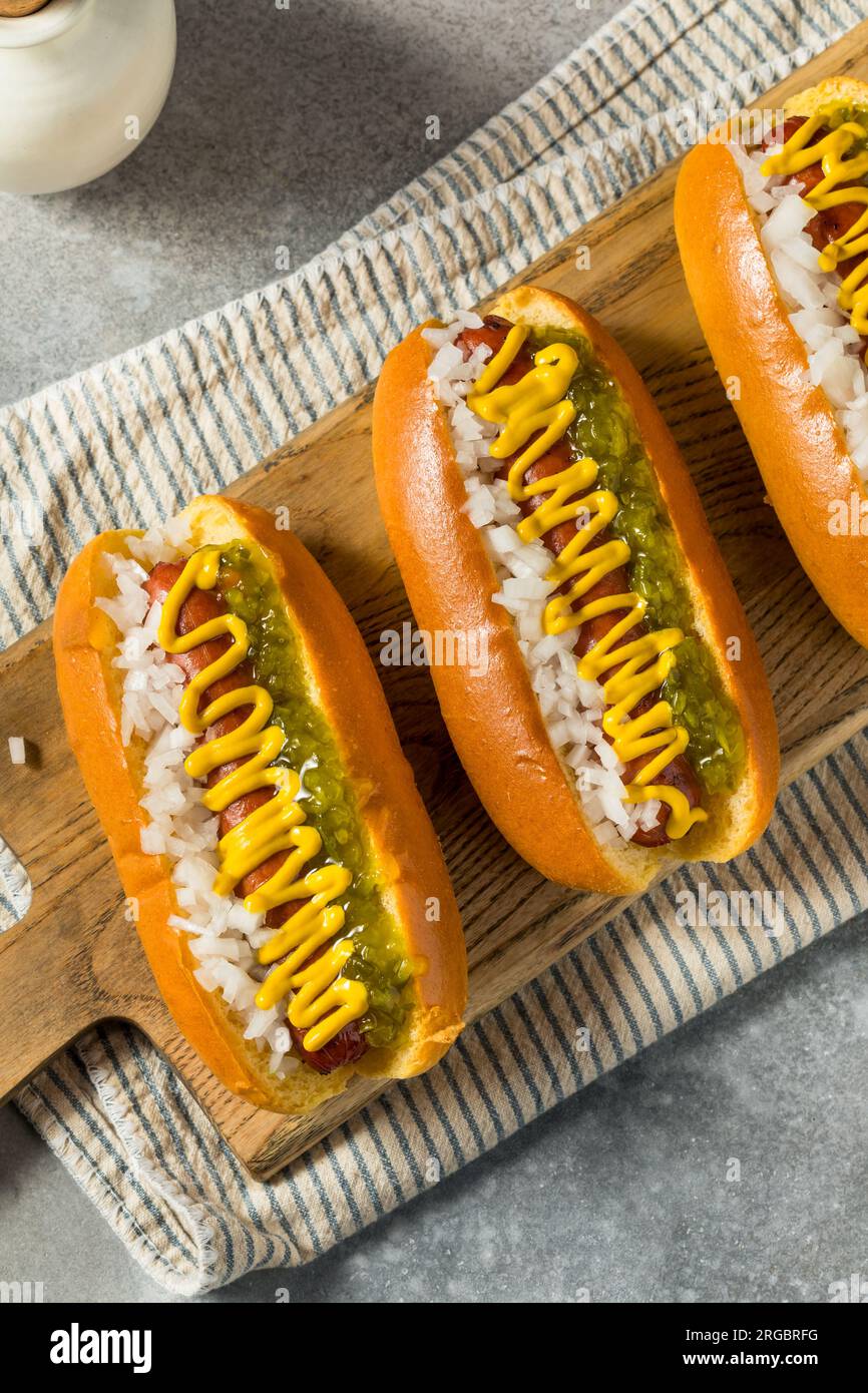 Char Grilled Hot Dog with Mustard Relish and Onion Stock Photo - Alamy