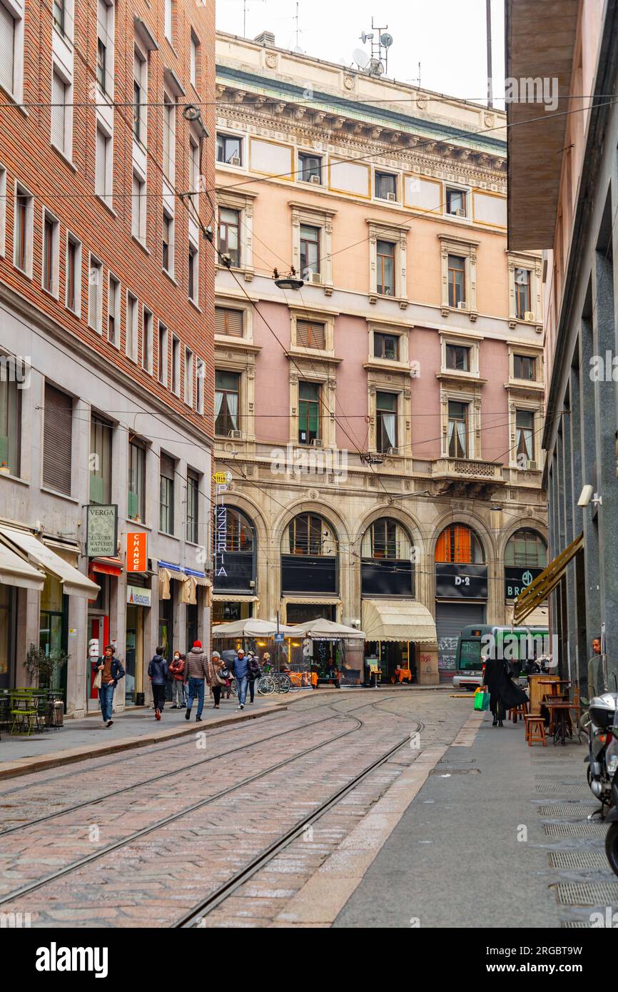 Milan, Italy - March 30: Typical Italian buildings and street view in ...