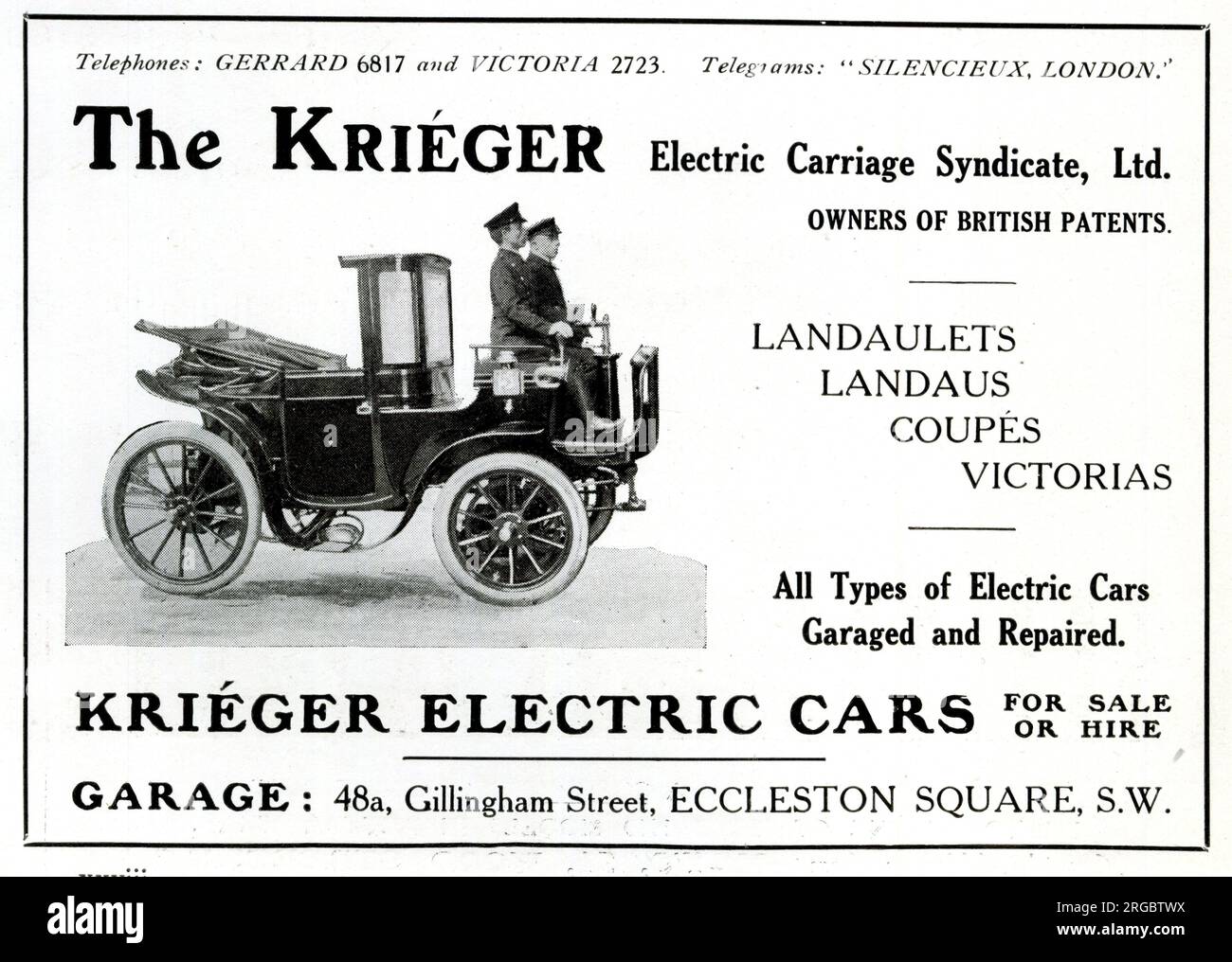 Advert, The Krieger electric car, Eccleston Square, London SW Stock ...
