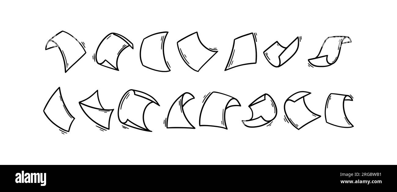 Flying paper sheets in doodle style. Hand drawn blank document pages ...