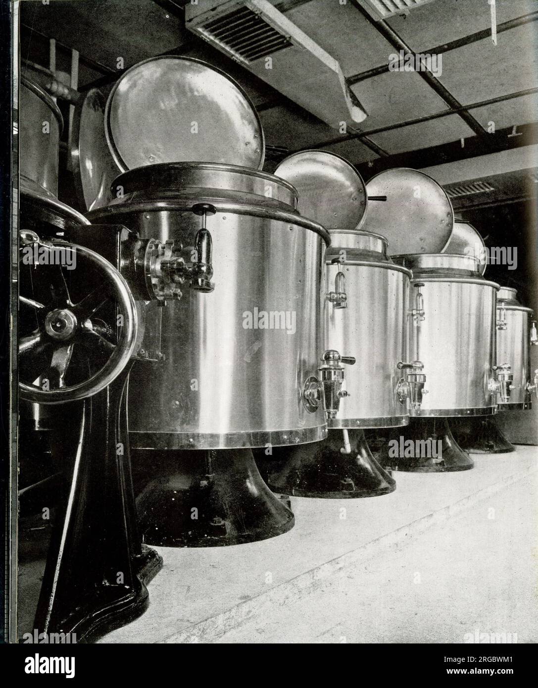 RMS Queen Mary, row of steam-jacketed cooking boilers in the kitchens ...