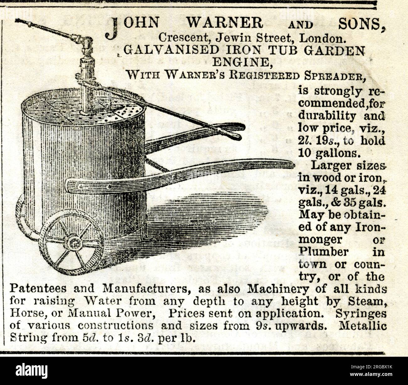 Advert, John Warner and Sons, Jewin Street, London, Galvanised Iron Tub ...