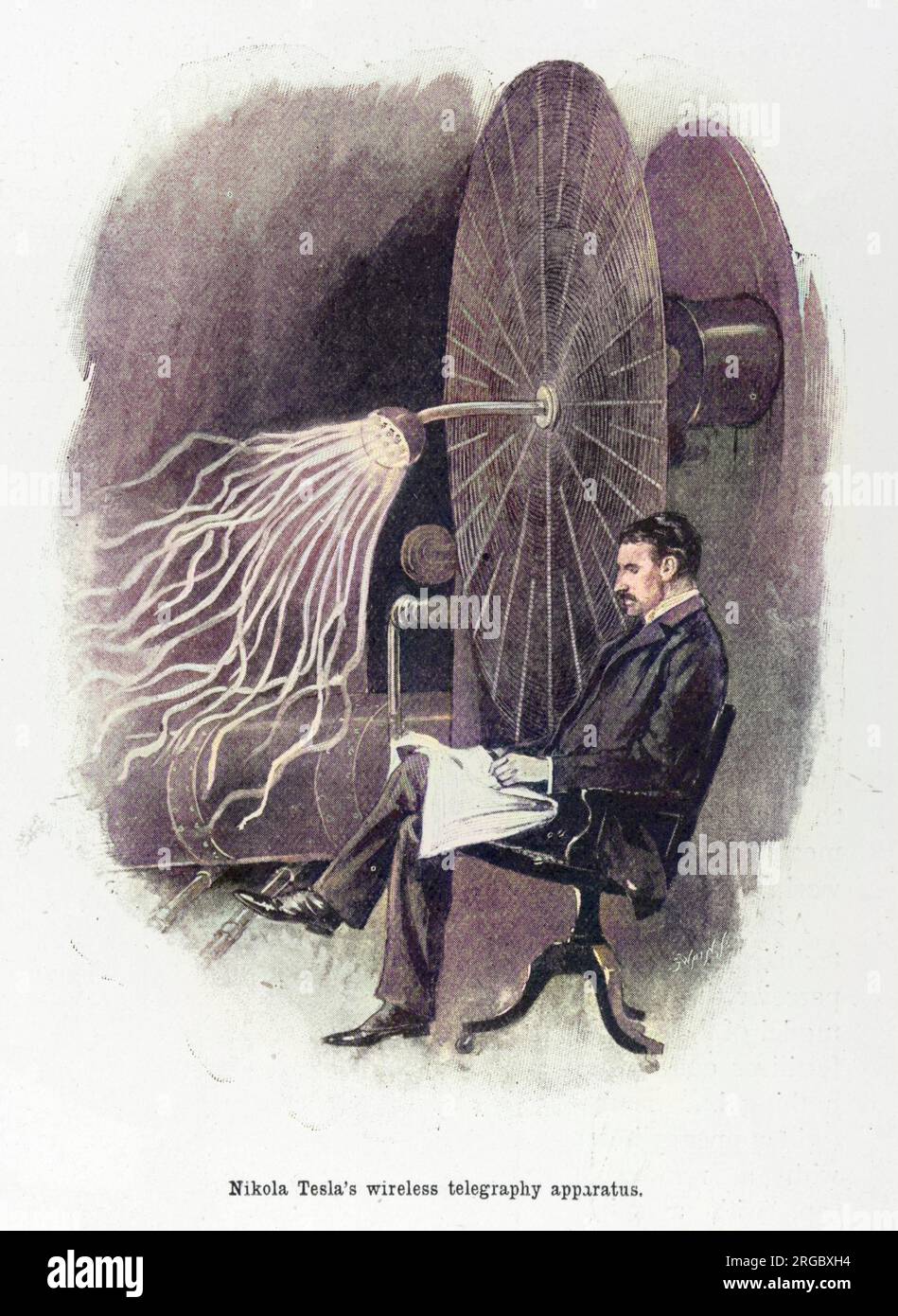 Nikola Tesla (1856-1943), Croatian inventor seated beside his wireless ...