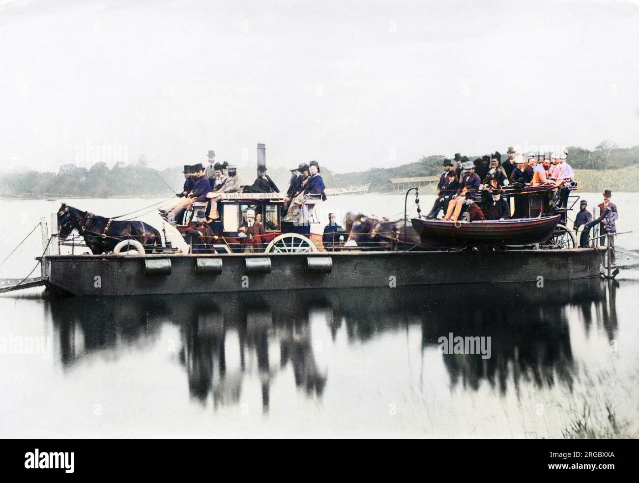 Two sight-seeing excursion coaches are carried by steam ferry across ...