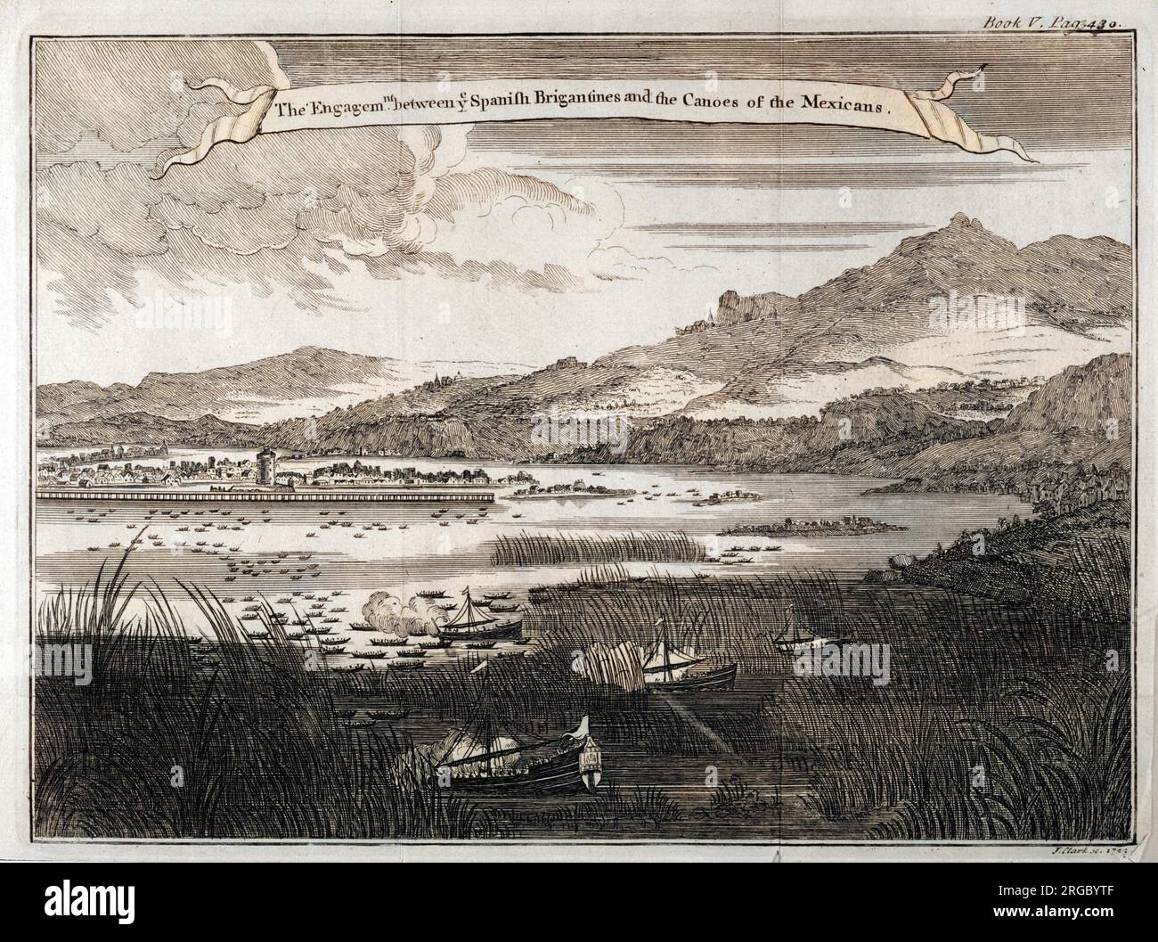 Cortes' brigantines rout the Aztec vessels on Mexico lake Stock Photo ...