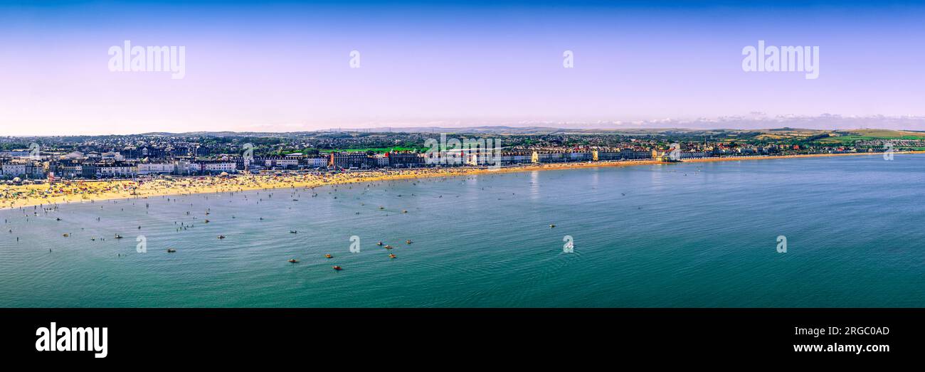 Wide panoramic view of Weymouth beach and bay in summer. Weymouth ...