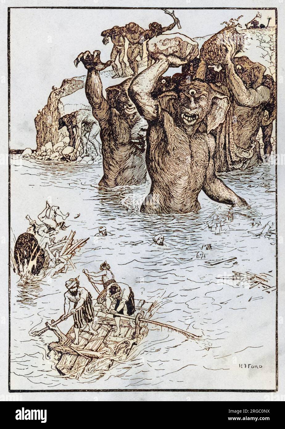 The giants hurl rocks at Sinbad and his companions Stock Photo - Alamy