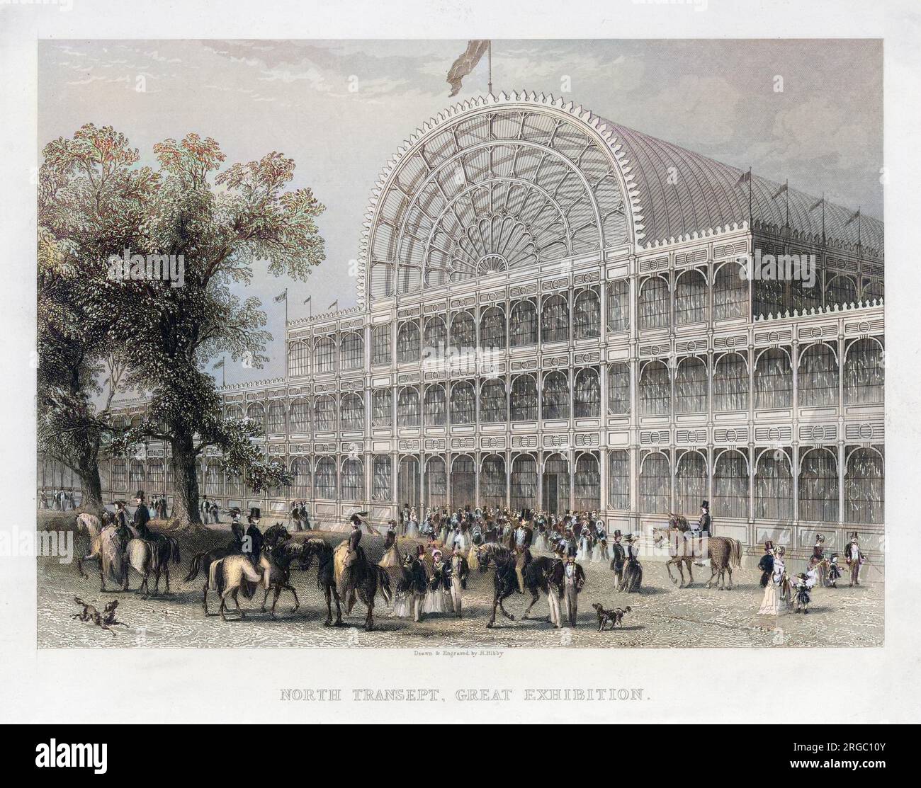 The exhibition hall with people, some on horseback, milling around in ...