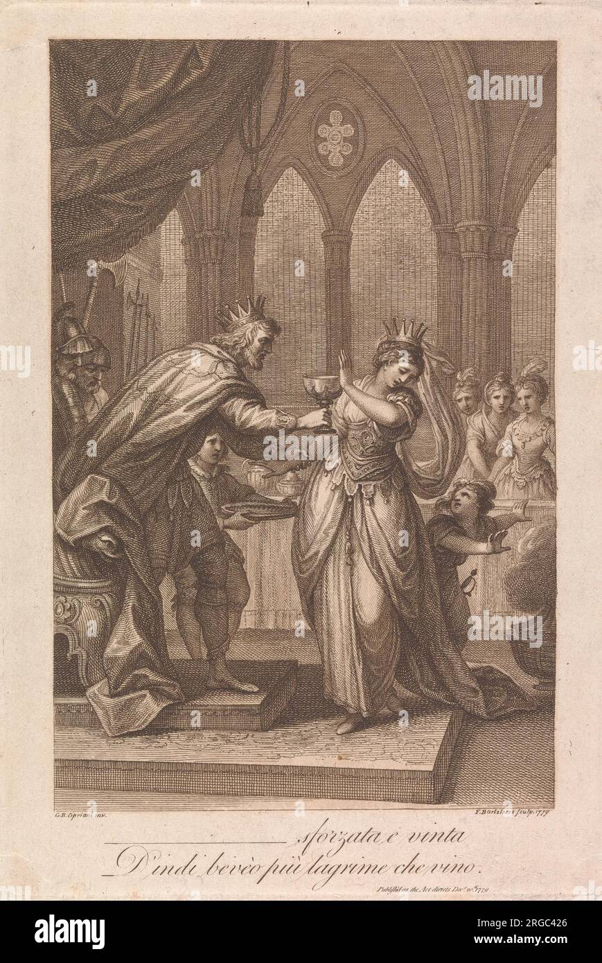 A King presenting a cup to a Queen who refuses to Drink "...storzata e ...